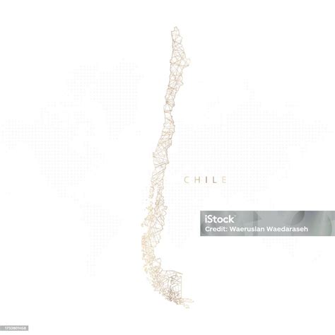 칠레의 로우 폴리 지도 금색 다각형 와이어프레임 흰색 배경에 금색 입자가 있는 반짝이는 벡터 0명에 대한 스톡 벡터 아트 및 기타 이미지 Istock