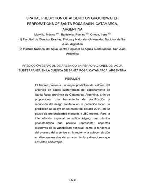 Spatial Prediction Of Arsenic On Groundwater Perforations Of Santa Rosa Basin Catamarca