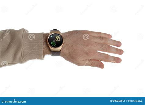 Man Measuring Oxygen Level With Smartwatch On White Background Closeup Stock Image Image Of