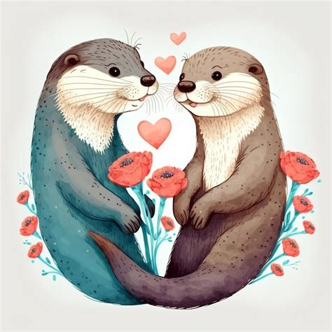 Linda Pareja De Nutrias De Dibujos Animados Aman La Ilustración De La