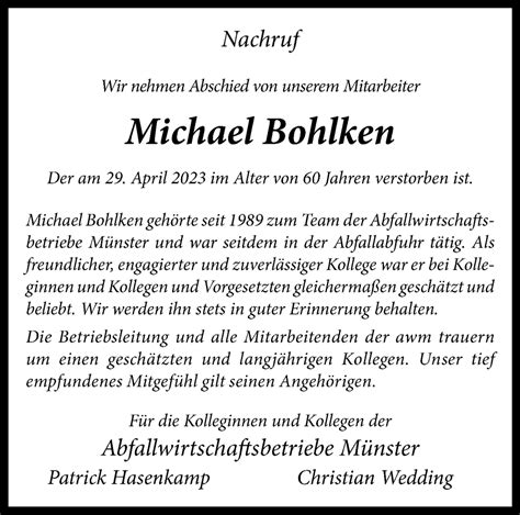 Traueranzeigen Von Michael Bohlken Trauer Ms