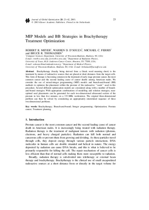 Pdf Mip Models And Bb Strategies In Brachytherapy Treatment Optimization