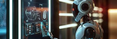 A Humanoid Robot Interacts With A Touchscreen Interface In A Sleek Modern Setting Displaying