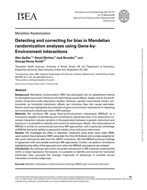 Pdf Detecting And Correcting For Bias In Mendelian Randomization Analyses Using Gene By