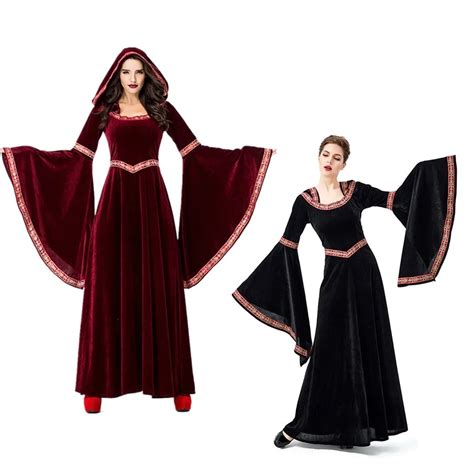 할로윈 무서운 여왕 뱀파이어 의상 레트로 코트 드레스 중세 빅토리아 가장 무도회 벨벳 코스프레 빈티지 후드 가운holidays Costumes Aliexpress