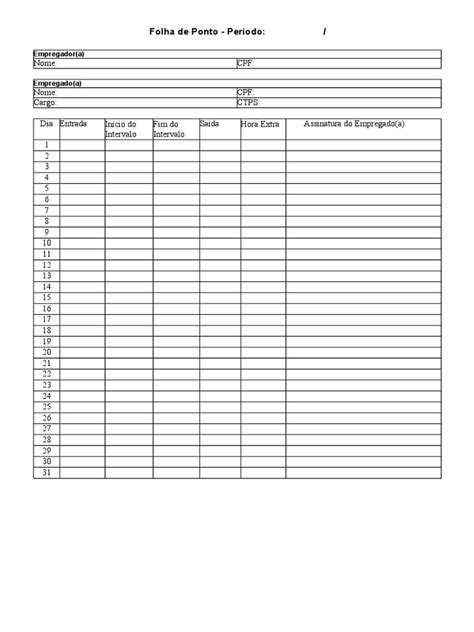 Modelo Folha De Ponto Pdf
