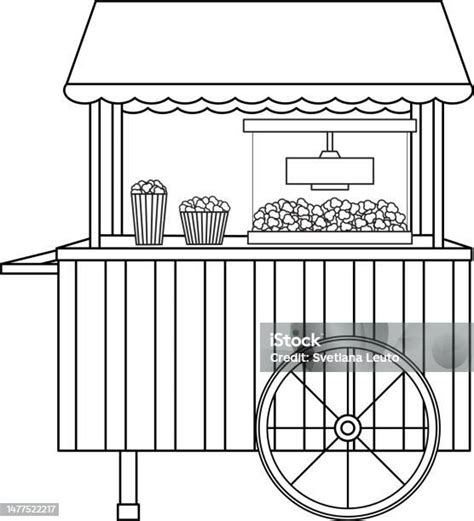 팝콘 기계 팝콘 카트 간식 길거리 음식 낙서 및 스케치 색칠하기 책의 밝은 벡터 그림 가득 찬에 대한 스톡 벡터 아트 및 기타