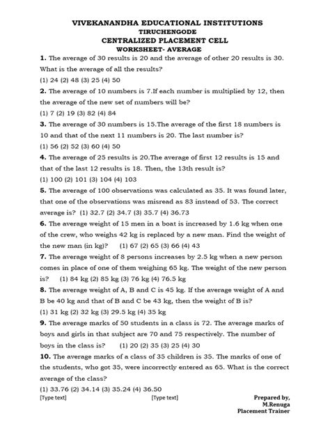 worksheet average pdf average mathematics