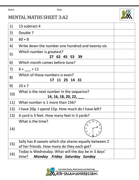 Year 3 Mental Maths Worksheets