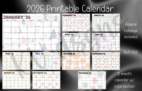 2026 Holiday Calendar 11x17 Printable Pdf Yearly Planner With