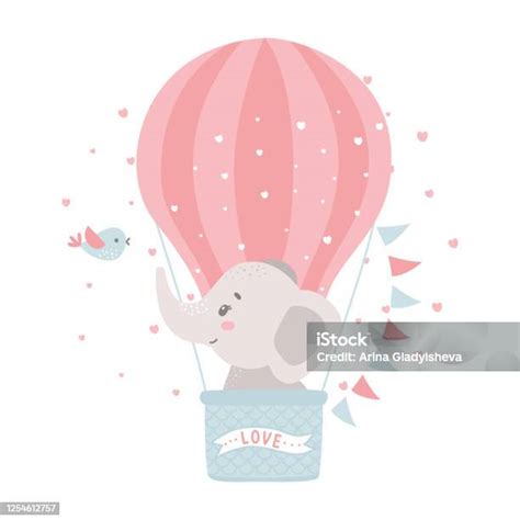 열기구에서 귀여운 아기 코끼리 베이비 샤워 인사말 카드 파티 초대장 패션 의류 티셔츠 프린트에 대한 벡터 일러스트레이션 풍선에 대한 스톡 벡터 아트 및 기타 이미지 Istock