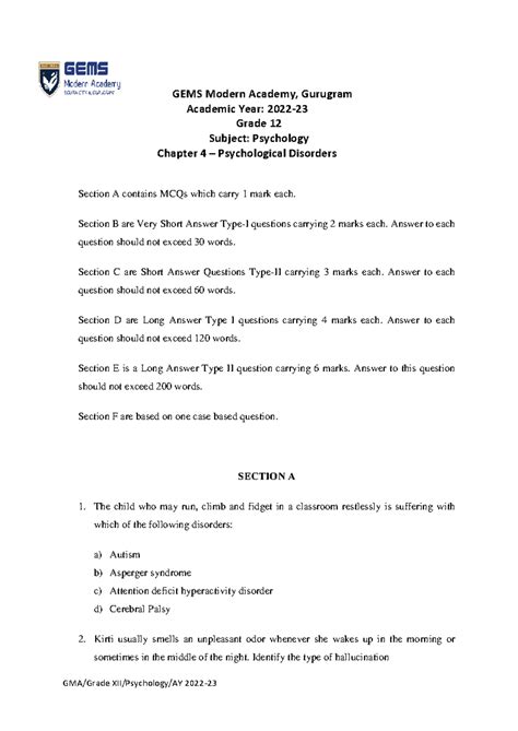 Chapter 4 Sample Paper Gems Modern Academy Gurugram Academic Year 2022 23 Grade 1 2 Subject