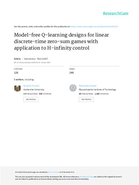 Pdf Model Free Q Learning Designs For Linear Discrete Time Zero Sum