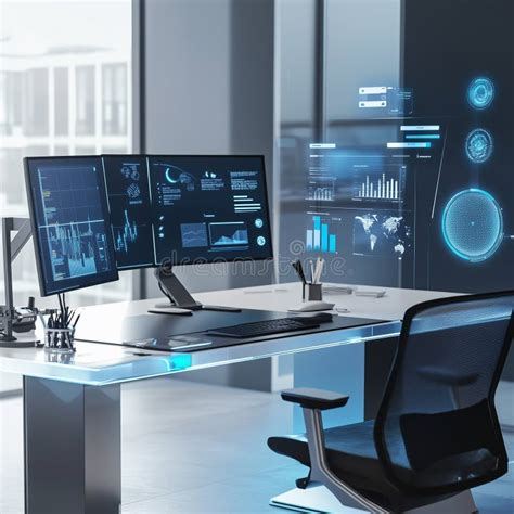 A Modern Workspace With Ai Powered Assistants Smart Screens And Holographic Interfaces Stock