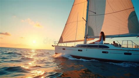 Woman Relaxing On Sailboat At Sunset Enjoying Luxury Lifestyle Stock