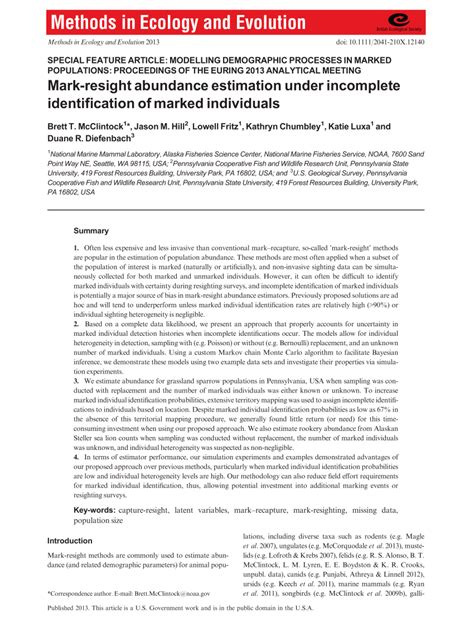 Pdf Mark Resight Abundance Estimation Under Incomplete Identification Of Marked Individuals