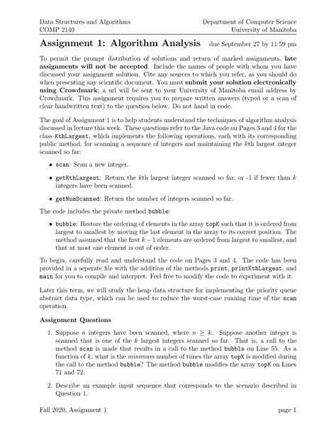 Assignment 1 Instructions Comp 2140 University Of Manitoba Assignment