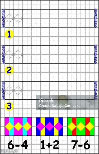 정사각형 종이에 어린이를 위한 연습 문제가 있는 교육 페이지입니다 모든 스카프에 해당하는 장식품을 그려야 합니다 숫자 세기와 그림 그리기 기술 개발 벡터 이미지입니다