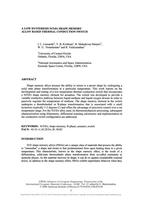 Pdf A Low Hysteresis Nitife Shape Memory Alloy Based Thermal Conduction Switch