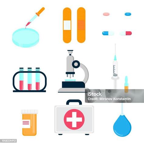 병원 의학 응급 처치 키트 및 실험실 장비 분석 백신 및 치료 Peoplescience 것 들 평면 스타일 디자인 벡터 일러스트 레이 션 흰색 배경에 고립에 대 한 페트리
