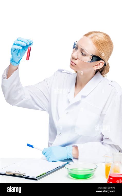 Beautiful Female Lab Assistant With Test Tubes Posing On White Background Stock Photo Alamy