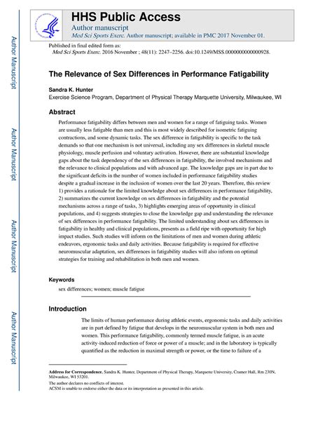The Relevance Of Sex Differences In Performance Fatigability The Relevance Of Sex Differences