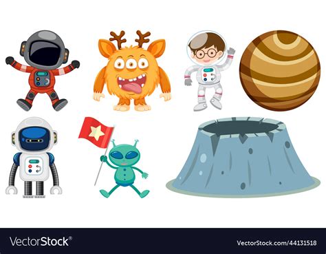 Set Of Space Cartoon Characters And Objects Vector Image
