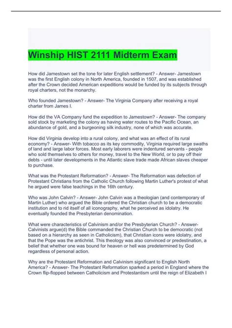 Winship Hist 2111 Midterm Exam Questions And Answers Uga History 2111