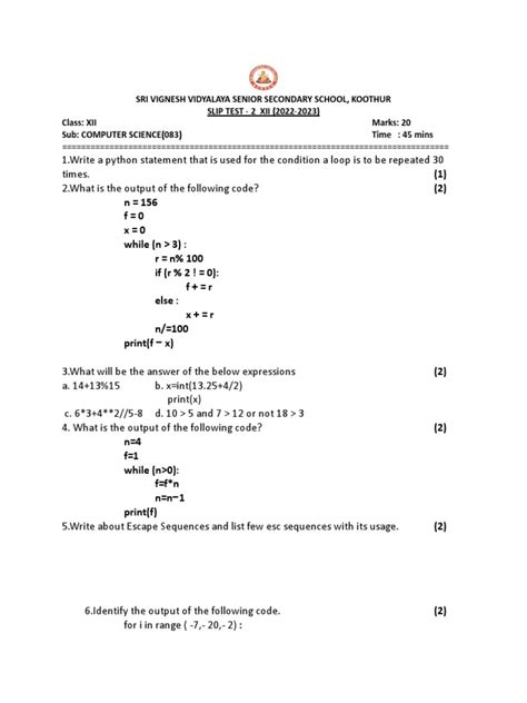Slip Test 12 Qp Pdf Control Flow Computer Programming