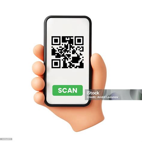 Qr Scan 3d은 휴대 전화와 손을 잡고 화면의 Qr 코드 리더를 스캔합니다 액세스 결제 및 확인 신분증 앱 스마트 폰 스캐너 3d 만화 소프트 렌더링 벡터 개념 3차원
