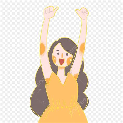 손으로 그린 만화 행복 한 여자 일러스트 팔을 흔들며 응원 소리 손으로 그린 만화 팔을 흔들며 Png 일러스트 및 Psd 이미지 무료 다운로드 Pngtree
