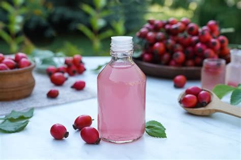 밝은 배경에 신선한 장미 엉덩이 과일이 있는 로즈힙 씨앗 에센셜 오일의 유리병 가을에 대한 스톡 사진 및 기타 이미지 가을 건강관리와 의술 건강한 생활방식 Istock