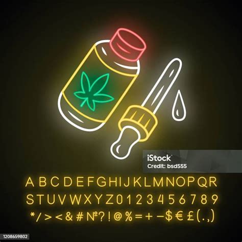 Cbd 오일 네온 라이트 아이콘 잡초 제품 대마초 산업 간자의 의료 용도 대마 유통 및 판매 약물 사용 알파벳 숫자 및 기호와 빛나는 기호 벡터 절연 그림 칸나비디올에 대한