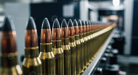 Close Up Of Rifle Bullets On An Assembly Line In A Modern Ammunition