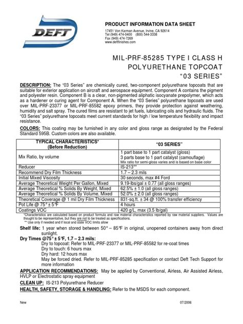 03 Series Mil Prf 85285 Ty I Cl H Polyurethane Topcoat Deft 10 29c Pdf Polyurethane