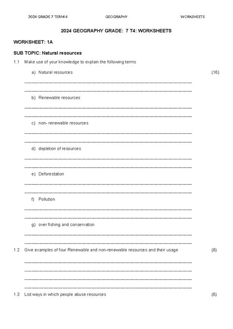 2024 Grade 7 Term 4 Geography Worksheets Natural Resources