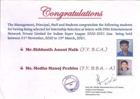 Internshala Internship Selection Goa Multi Faculty College