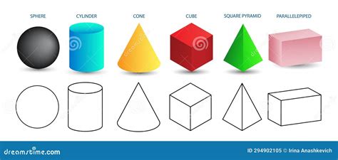 Set Of 3d Geometric Shapes Isometric Views Of Sphere Cylinder Cone Cube Pyramid And