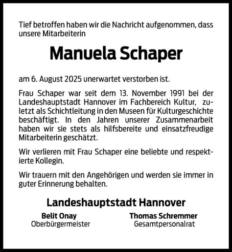 Traueranzeigen Von Manuela Schaper Trauer Anzeigen De