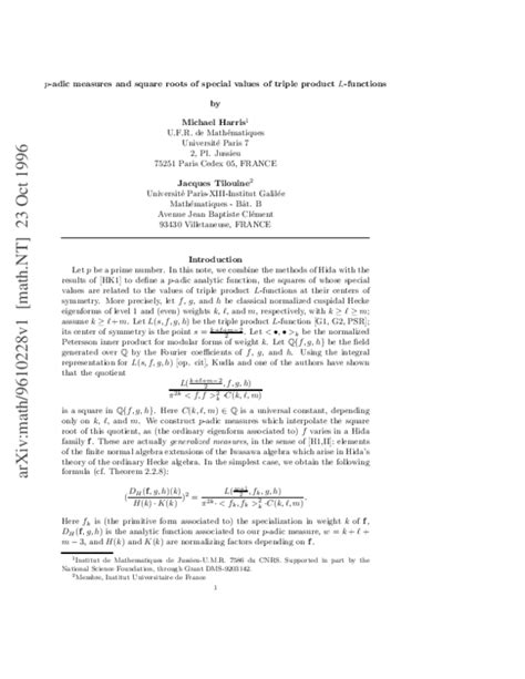 Pdf P Adic Measures And Square Roots Of Special Values Of Triple