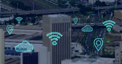 Animation Of Digital Clouds And Icons Flying Over Cityscape Stock