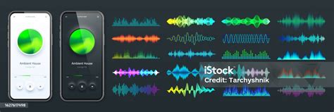 온라인 오디오 플레이어 사용자 인터페이스 스마트폰 앱 Ui 디자인 음악 미디어 스트리밍 및 청취 플랫폼 반응형 모바일 애플리케이션 뉴모피즘 다양한 음파 벡터 그림 오디오