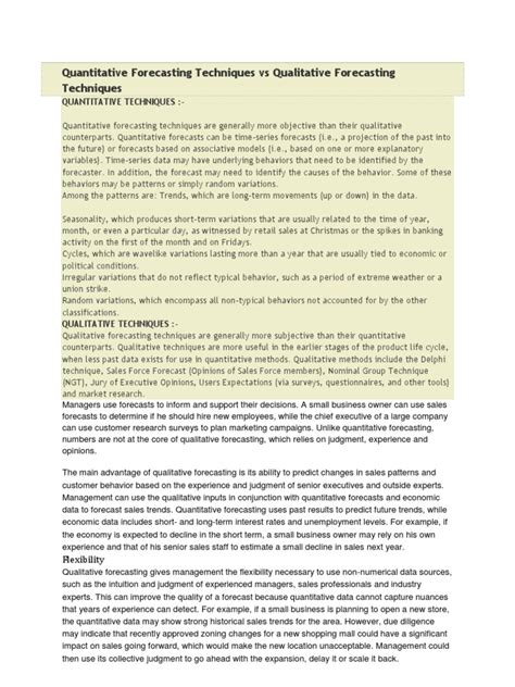 Quantitative Forecasting Techniques Vs Qualitative Forecasting