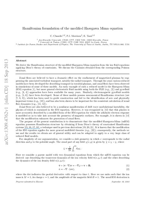 Pdf Hamiltonian Formulation Of The Modified Hasegawa Mima Equation