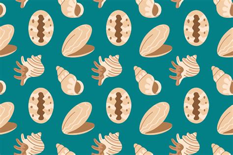 해양 테마 프로젝트를 위한 깊은 청록색 배경에 Cowrie 조개 소라를 포함한 다양한 쉘 유형의 완벽한 패턴 귀여운에 대한 스톡 벡터 아트 및 기타 이미지 Istock