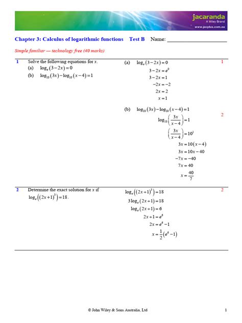 Chapter 3 Calculus Of Logarithmic Functions Test B Sol Pdf Tangent Logarithm