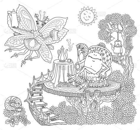 童话故事蝴蝶精灵女人拿着咖啡壶和有趣的快乐青蛙在扶手椅上喝咖啡。线性黑白涂鸦素描。成人涂色书页，海报素材 花瓣网