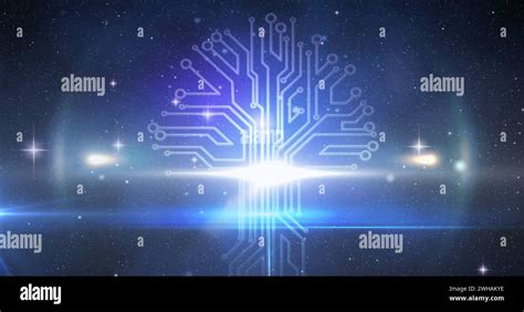 Image Of Glowing Computer Circuit Board Elements On Blue Background