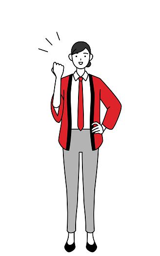 빨간 해피 코트를 입은 여자가 배짱을 가지고 포즈를 취한다 고용과 노동에 대한 스톡 벡터 아트 및 기타 이미지 고용과 노동 관사 넥타이 Istock