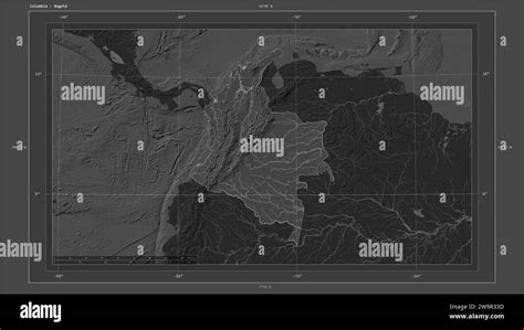 Colombia Highlighted On A Bilevel Elevation Map With Lakes And Rivers